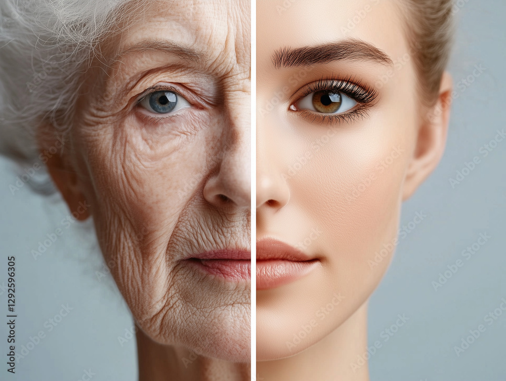 split screen close up of woman face showing contrasting ages ...
