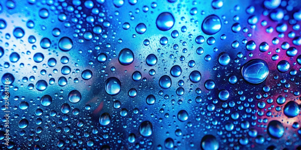 Macro photography captures glistening rain drops clinging to blue glass ...