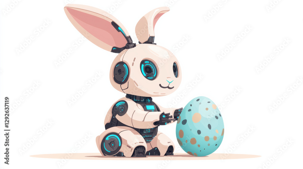 cute robotic bunny with large ears interacts with decorated Easter egg ...