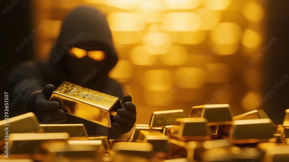 Cartoon thief lifting heavy gold bar in secure vault animated scene ...