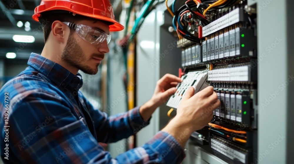 Engineer checking main distribution boards in main distribution board ...