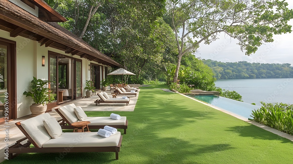 Lush well manicured lawn surrounded by lounge chairs overlooking an ...