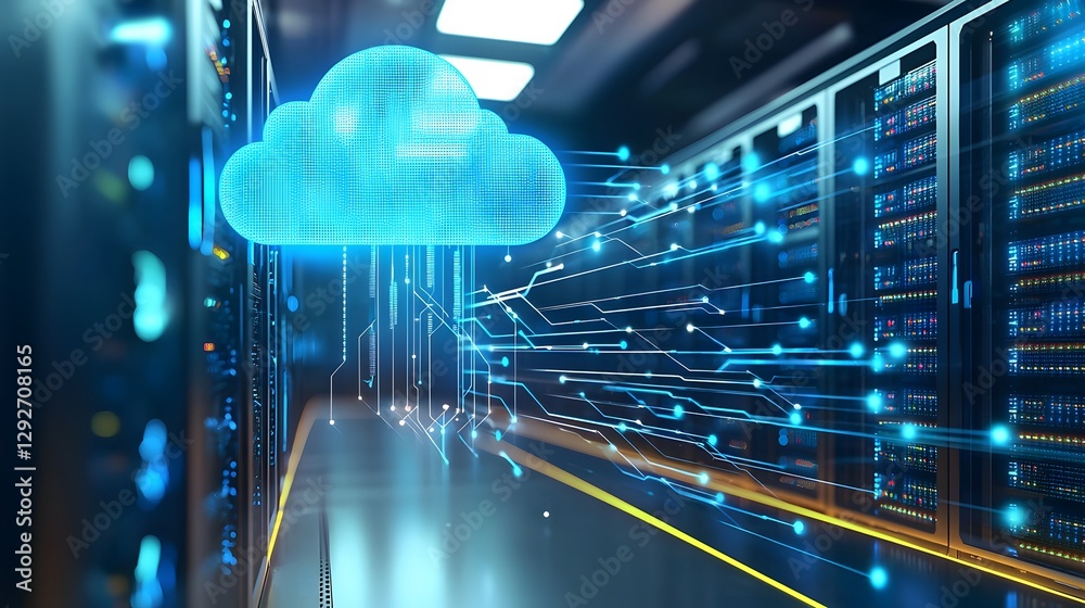 Futuristic high tech data center with endless server racks illuminated ...