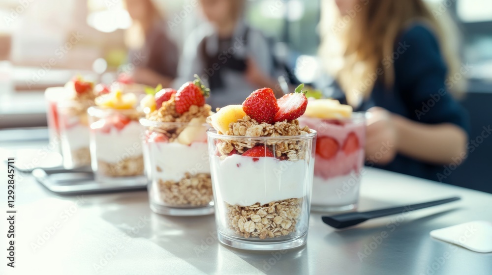 School cafeteria with students eating fruit and yogurt parfaits ...