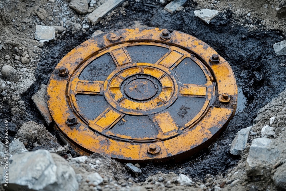 Construction site featuring a manhole outlet with UPVC piping close up ...