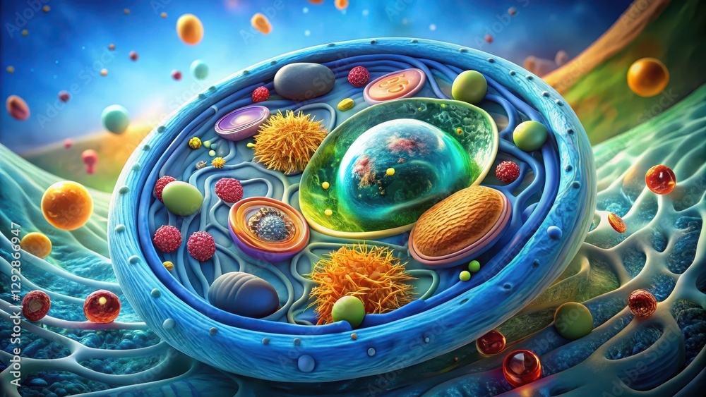 Cell membrane surrounding a eukaryotic cell with visible nucleus and ...