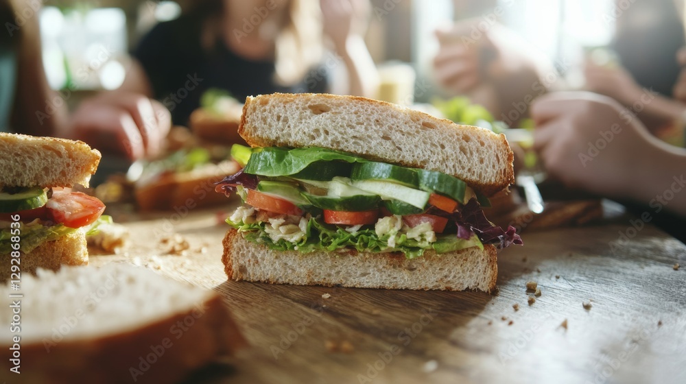 School cafeteria with students eating healthy veggie-loaded sandwiches ...