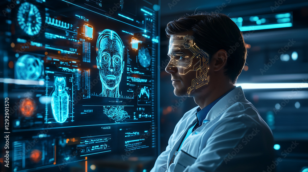 Futuristic AI-driven medical lab with glowing holographic diagnostics featuring artificial ...