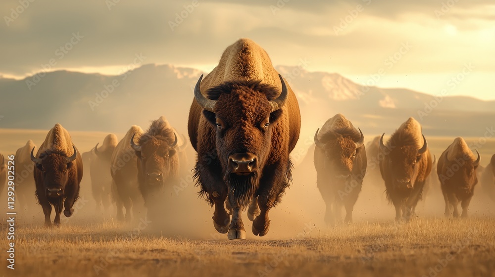 Wildlife action buffalo herd charging yellowstone national park nature ...