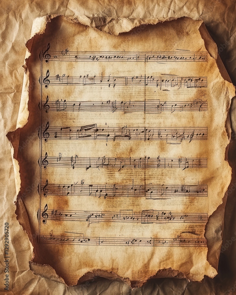 Antique sheet music on aged, crumpled paper with musical notes and ...