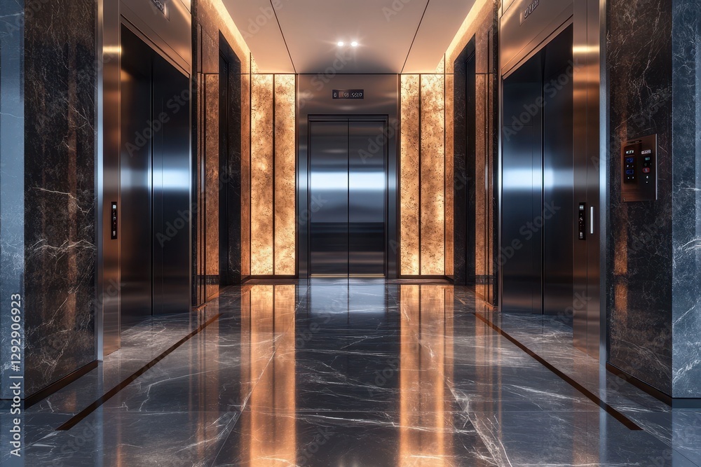 Realistic image of chrome office building elevator doors featuring up ...