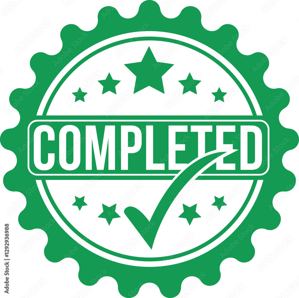 green completed badge, finished seal icon, task done checkmark Stock ...