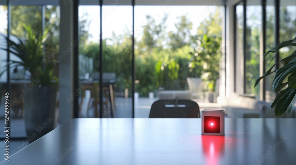 Carbon monoxide alert in a contemporary home office with large windows ...