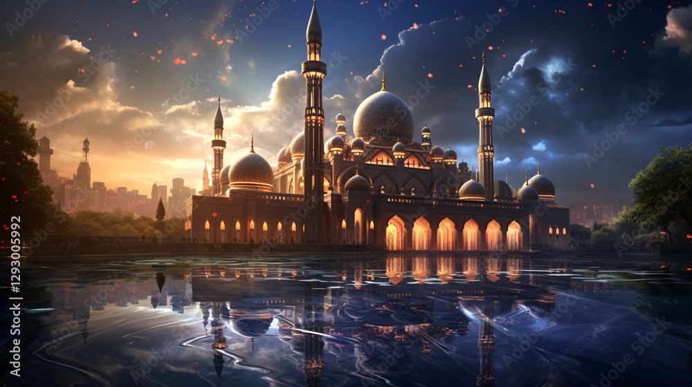 Illustrate the magnificent architectural design of a Muslim mosque ...