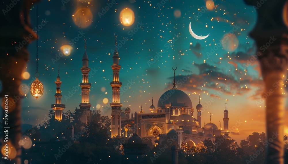 a realistic Ramadan backdrop featuring elements such as mosques, moons ...