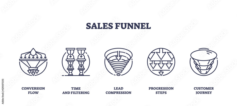 Sales funnel icons outline key stages, conversion flow, lead ...