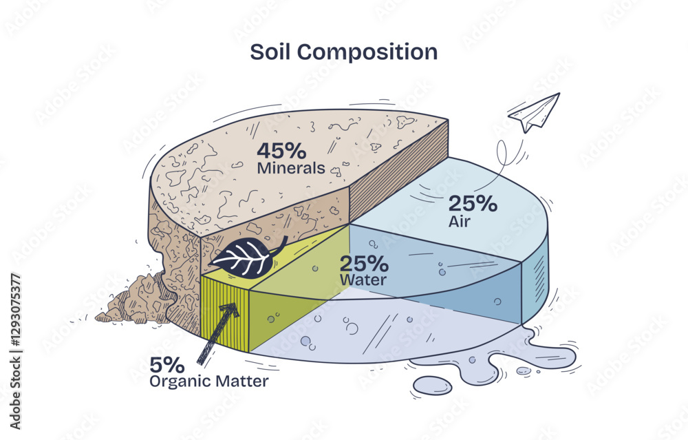 Soil composition diagram shows minerals, water, air, and organic matter ...