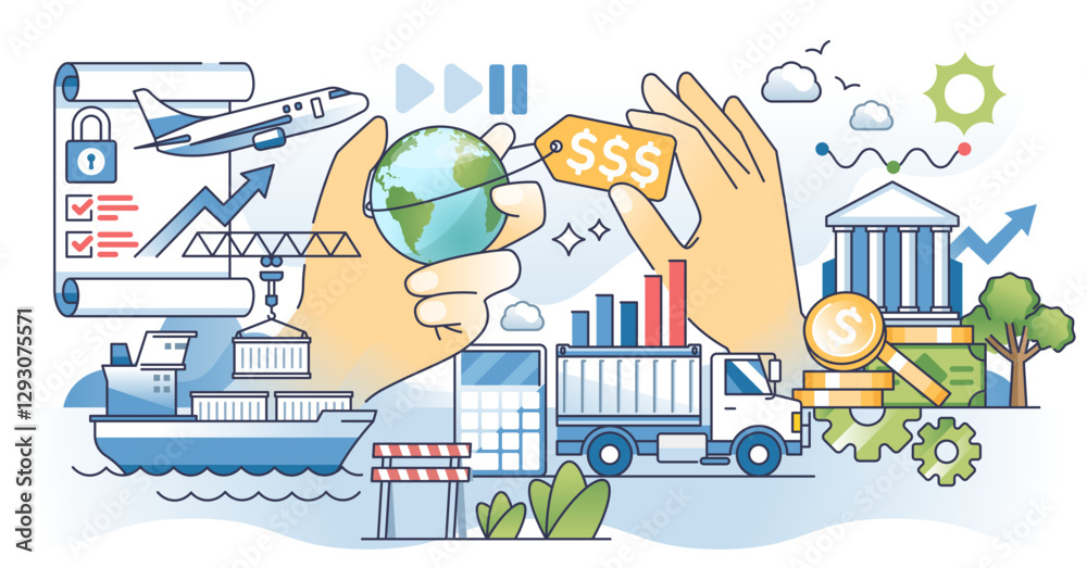 Tariffs depict global trade with a globe, price tag, and ship ...