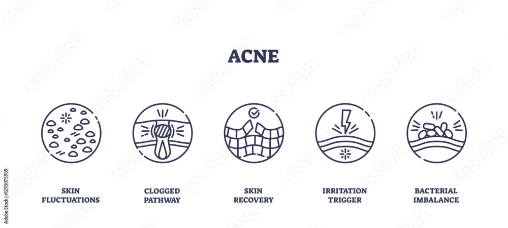 Acne icons outline key concepts like skin fluctuations, clogged ...