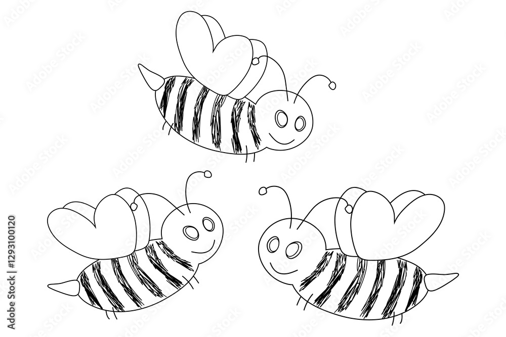Black-and-white outline drawing of three adorable bees with heart ...