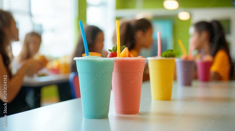 School cafeteria with students sipping smoothies in vibrant colors ...