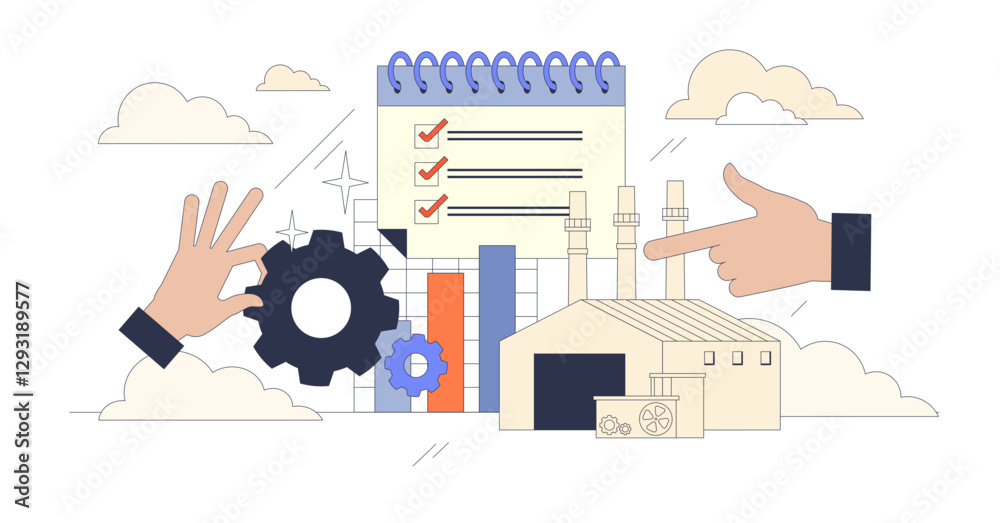 Manufacturing index visualized with gears, checklist, and hands ...