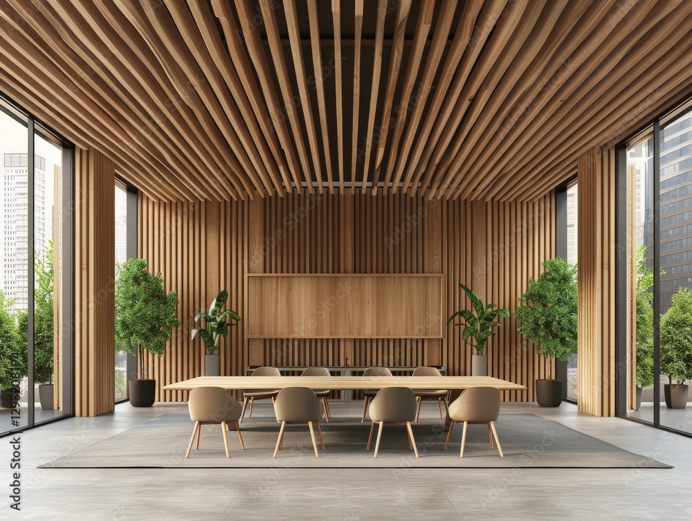 Contemporary conference room with natural wood paneling ceiling slats ...