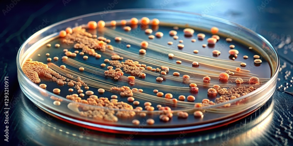Bacterial colony in a petri dish under microscopic view showing E coli ...