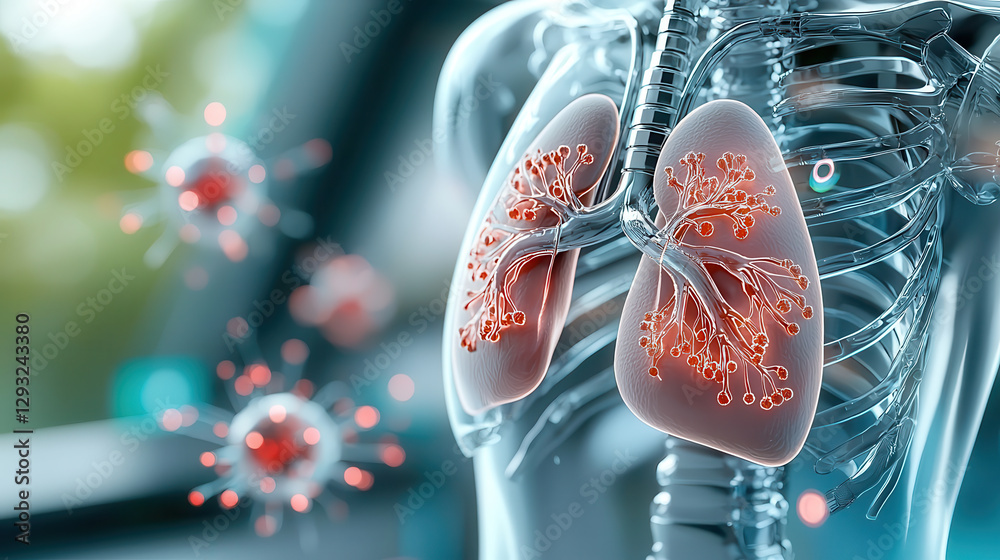 Futuristic holographic lungs with glowing red infection nodes ...