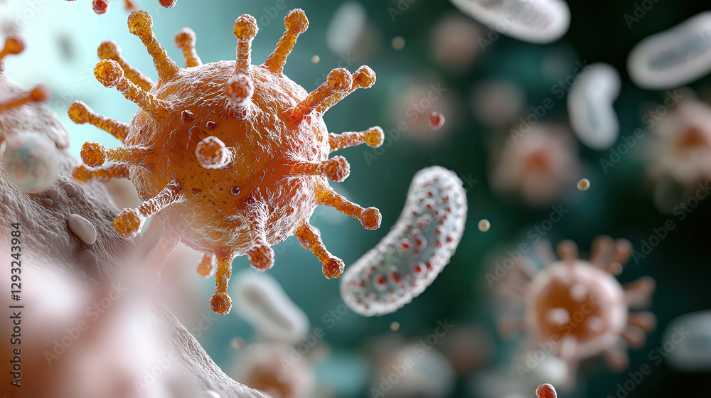 Microscopic view of virus particles and bacteria in air, highlighting ...