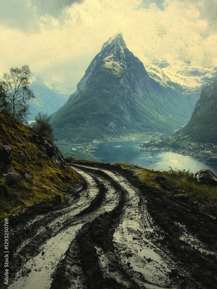 Mud Slide in Geiranger. View of Rock Slide blocking Road with Mountain ...