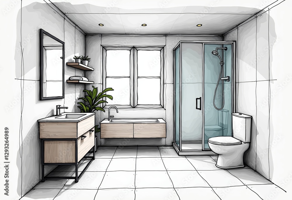 Explore modern bathroom design with this hand-drawn floor plan ...