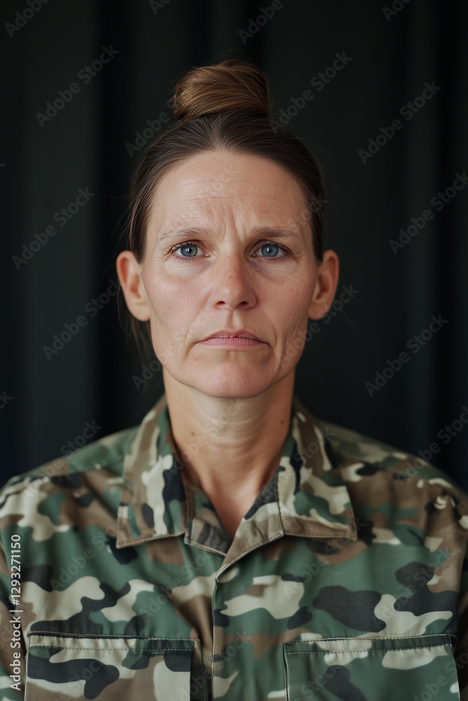 serious older trans woman wearing military camouflage isolated on plain ...