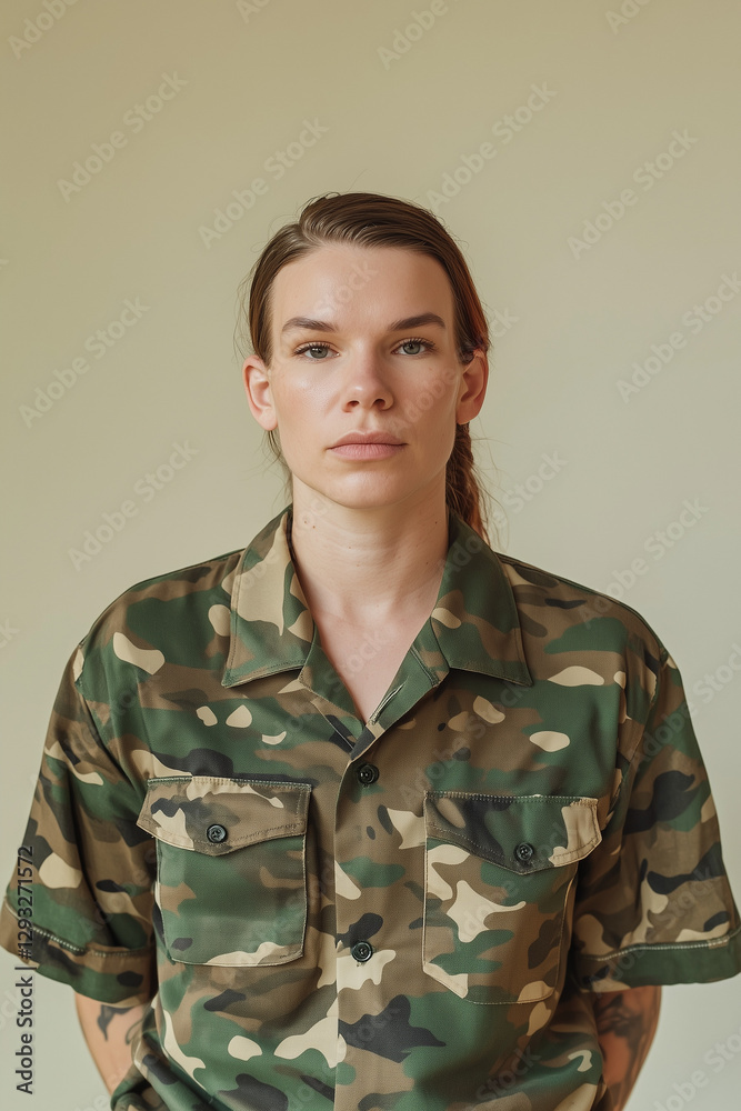 serious young trans woman wearing military camouflage isolated on plain ...