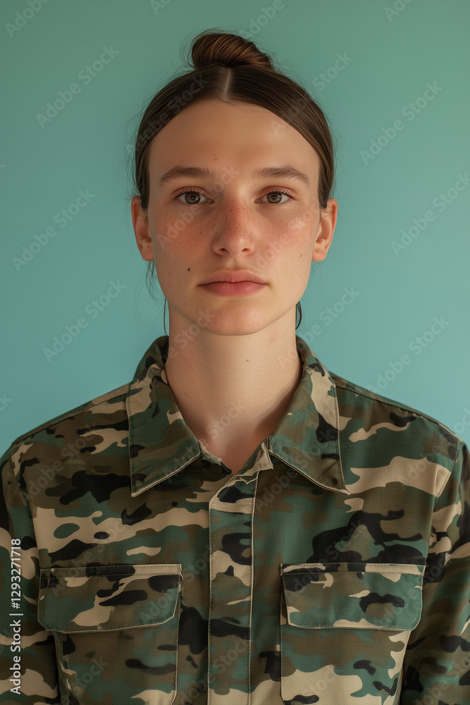 serious young trans woman wearing military camouflage isolated on plain ...