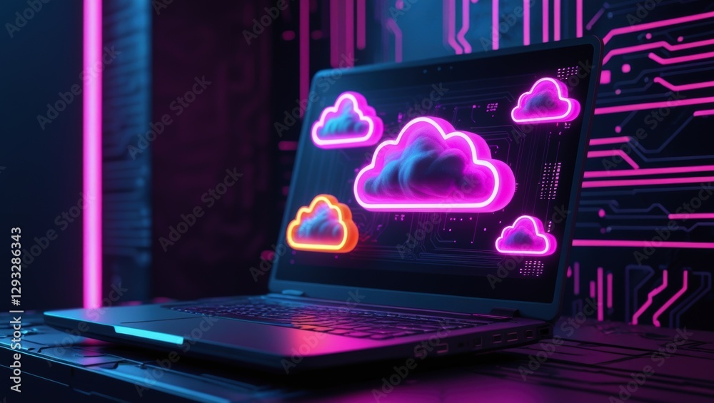 Laptop with Neon Cloud Icons, Neon Light Cloud Computing, Generative AI Stock Illustration ...