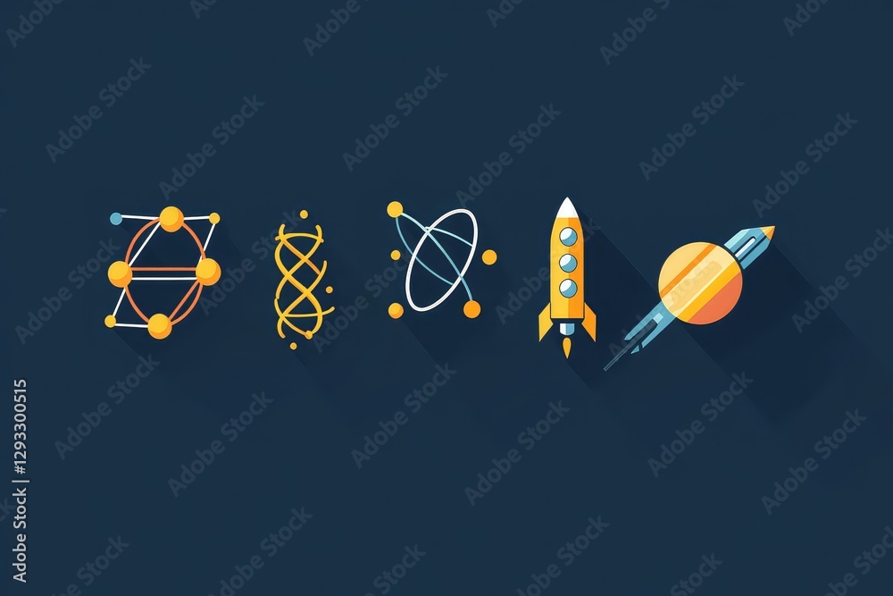 A modern, minimalist STEM banner featuring an atom, DNA helix, rocket ...