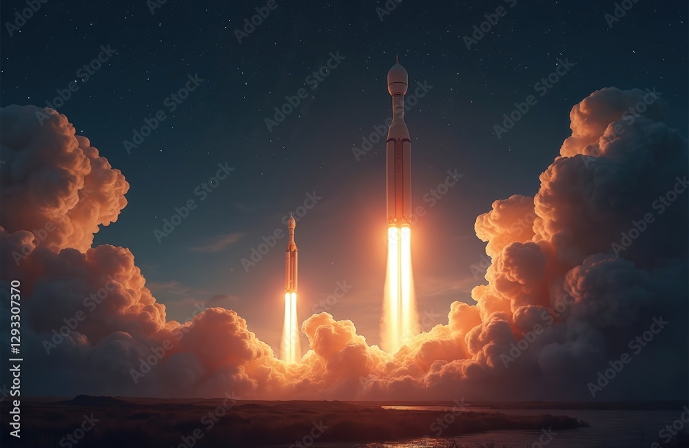 Rocket launches in series with orange smoke at night starry sky. Space ...