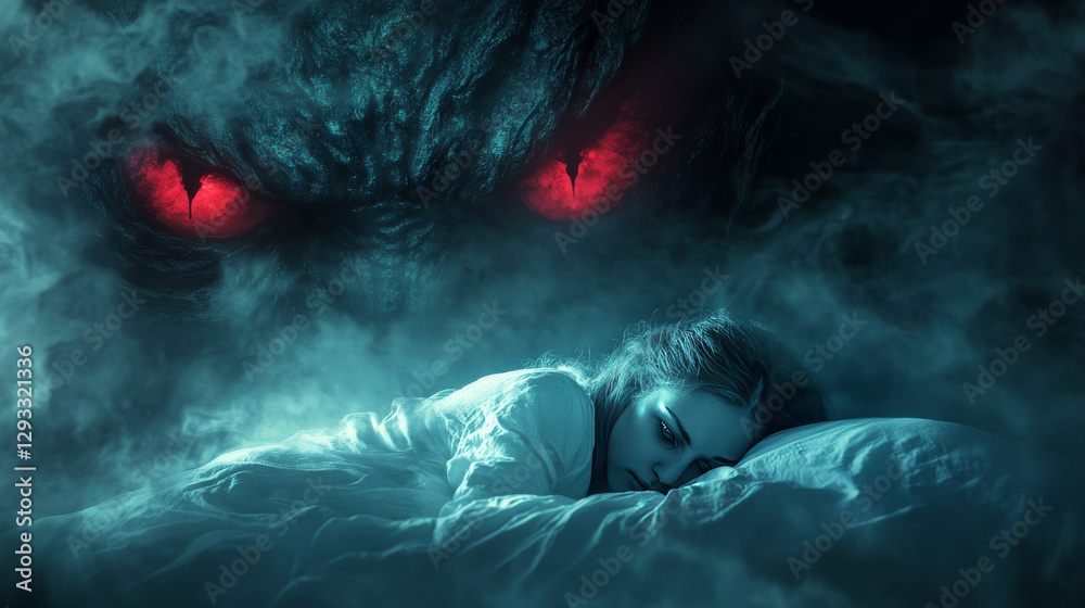 Woman scared nightmare red eyes monster under bed. Bad scary dream with ...