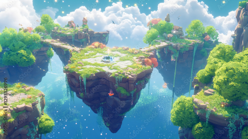 Game ui level map with floating islands with river and waterfall, green ...