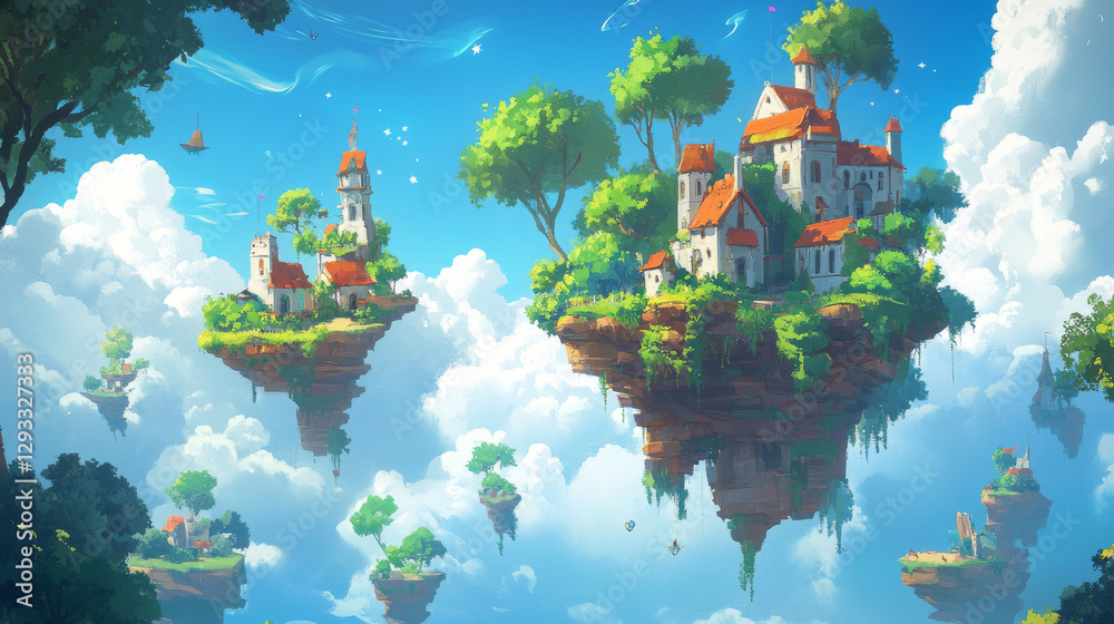 Game ui level map with floating islands with river and waterfall, green ...