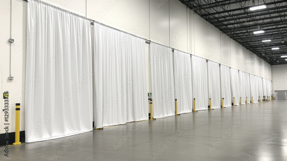 Warehouse interior featuring white PVC curtains for temperature control ...