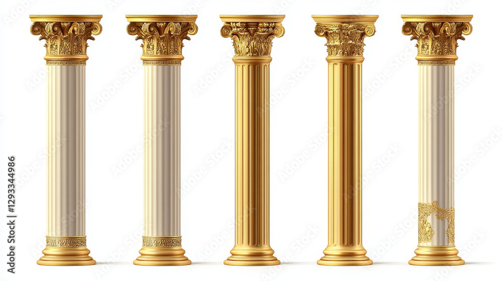 Antique gold pillars set. Ancient columns with golden decorative ...
