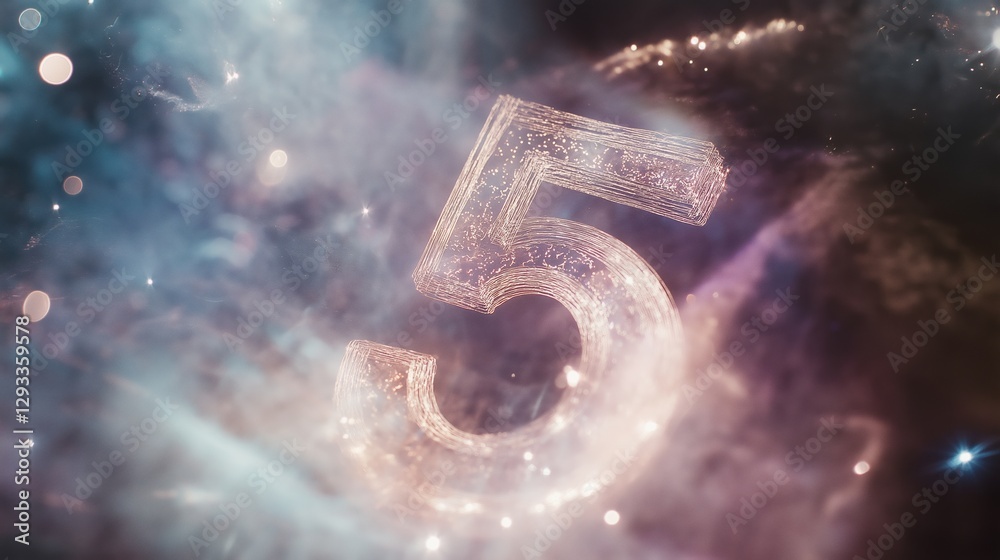 Mystical number five glowing in a cosmic space filled with ethereal ...