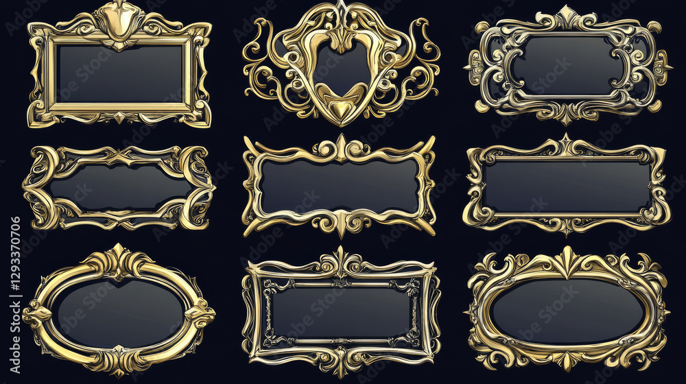 Game gold and silver fantasy frames in medieval style. Vector cartoon ...