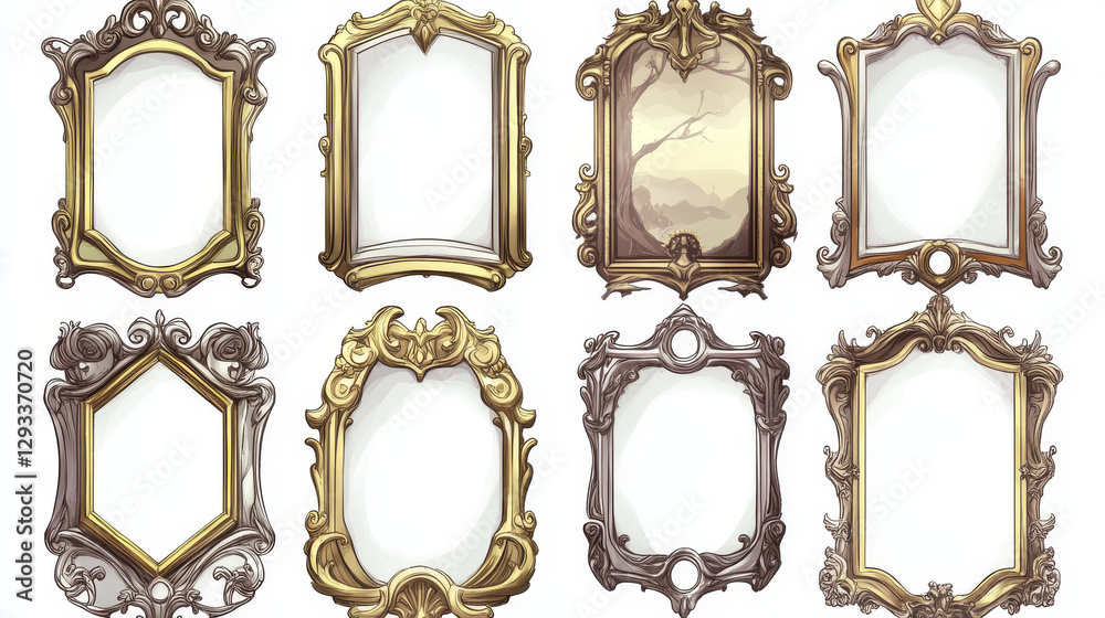 Game gold and silver fantasy frames in medieval style. Vector cartoon ...