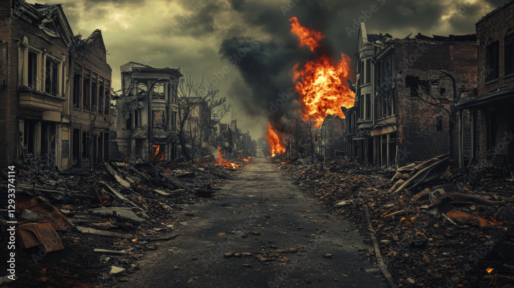 Apocalypse city road with fire building cartoon background. War on ...
