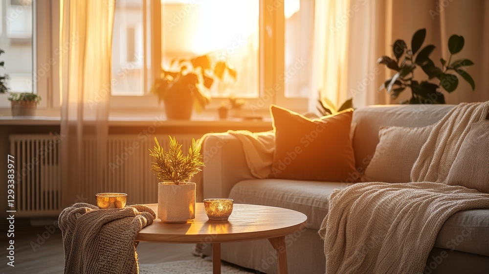 Comfortable and warm living room with a table and sofa, showing home ...