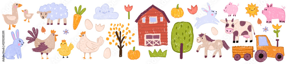 Farm animal kids doodle, vector hand drawn village nature childish ...