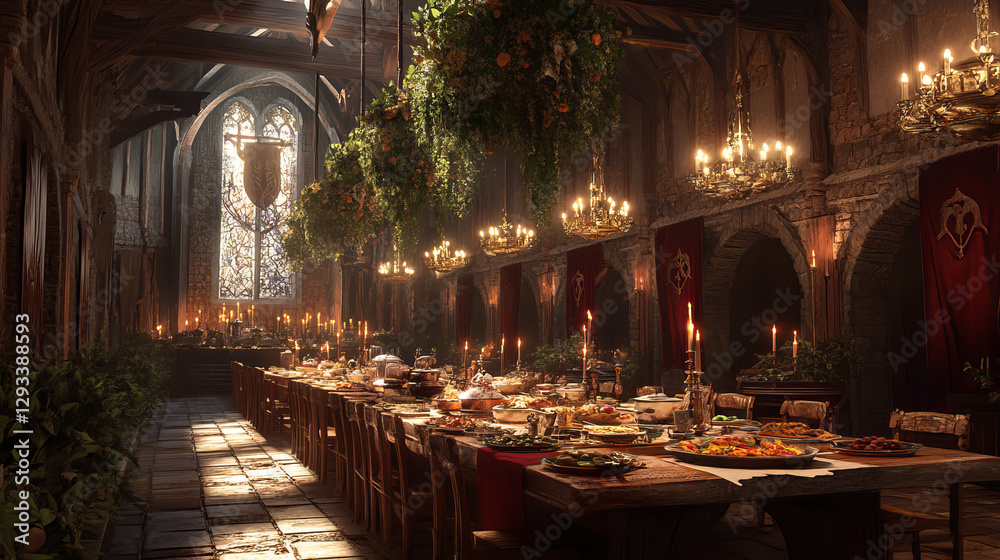 Medieval castle room interior with dinner on table background. Fantasy ...